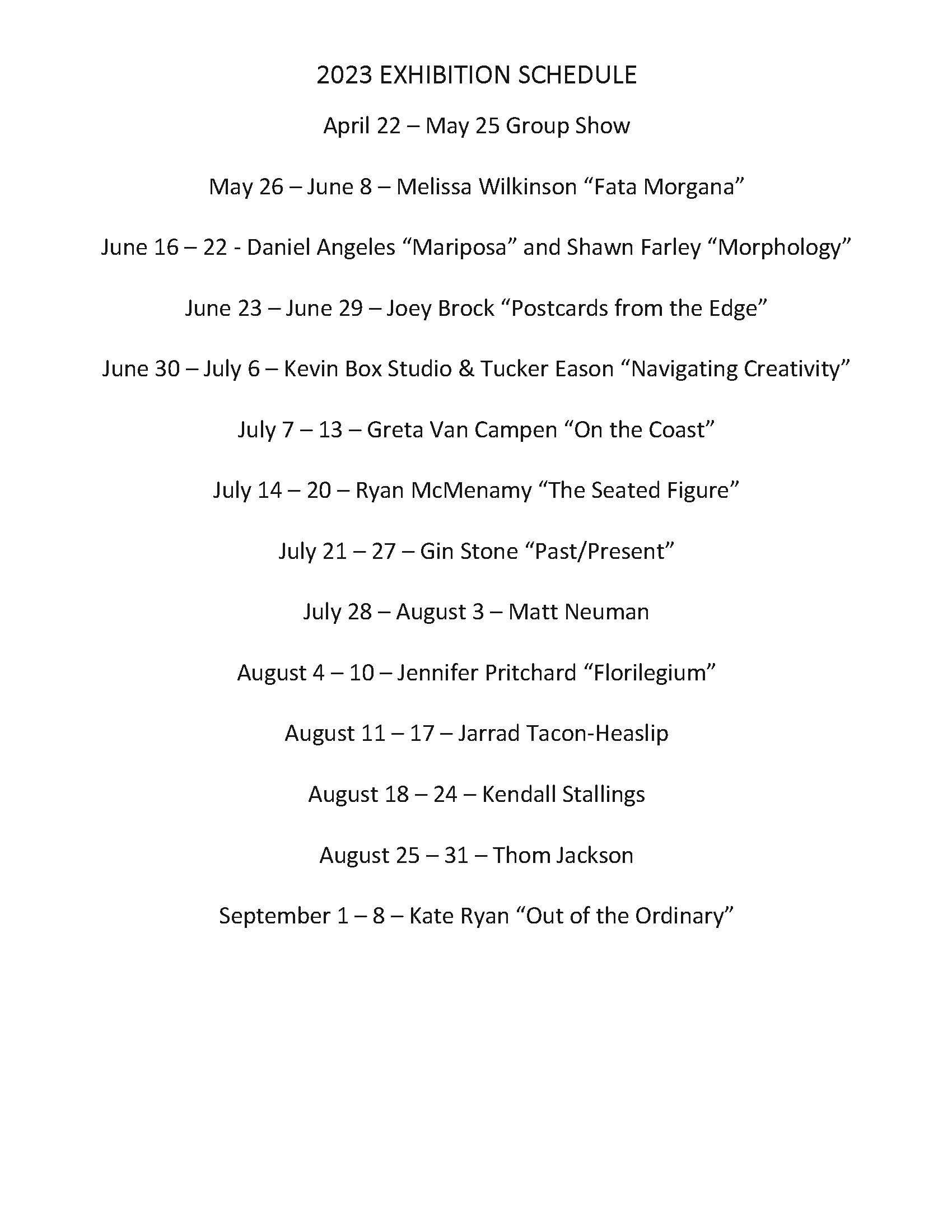 2023 EXHIBITION SCHEDULE | On Center Gallery | ArtCloud
