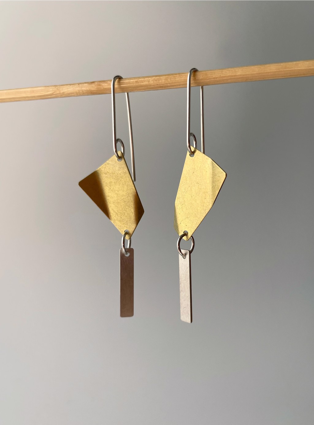 Silver Strip & Brass Earrings by Gill Forsbrook | Contemporary Applied Arts