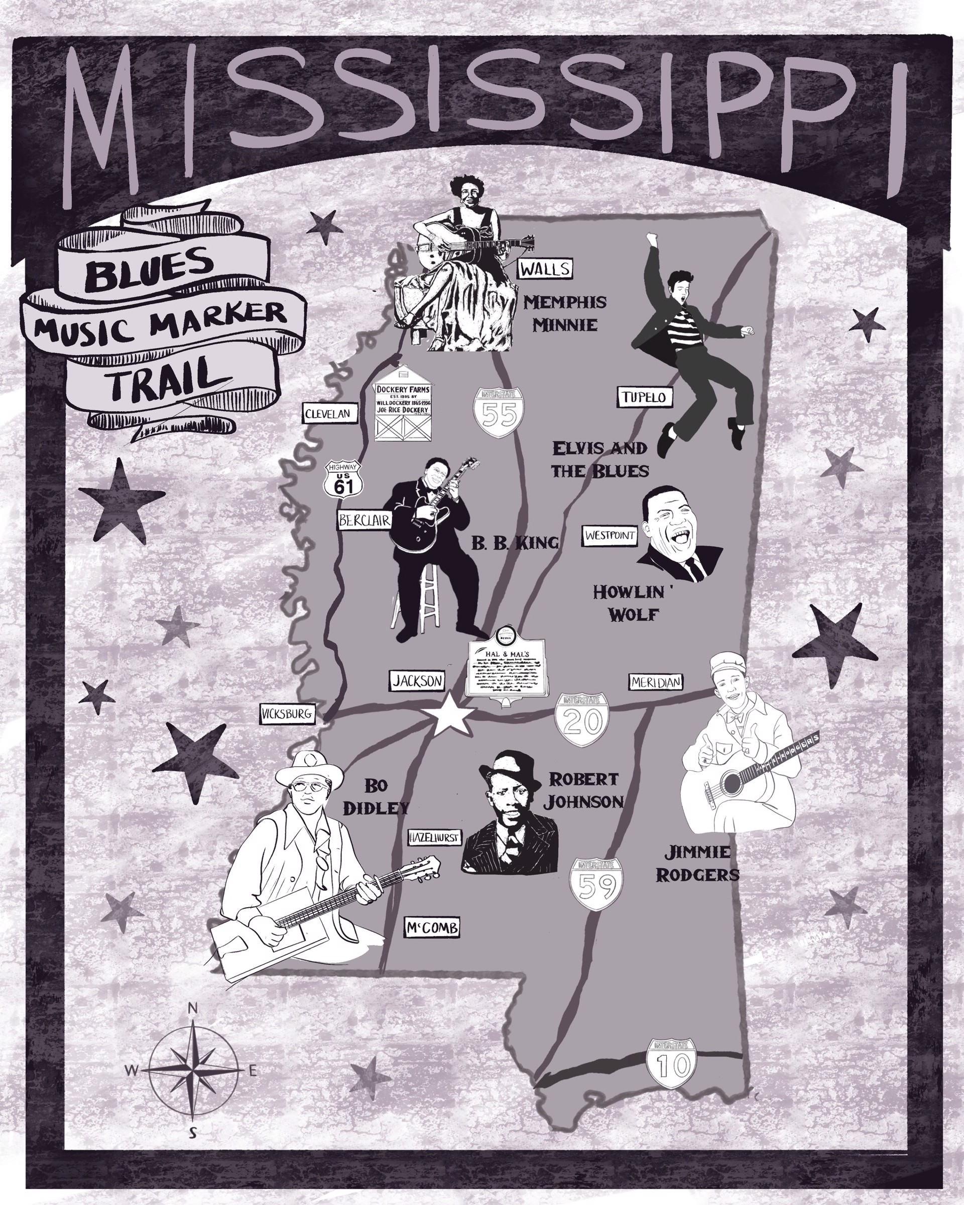 Mississippi Blues Trail Map (No Frame) by Kay Meadows | Pacesetter Gallery