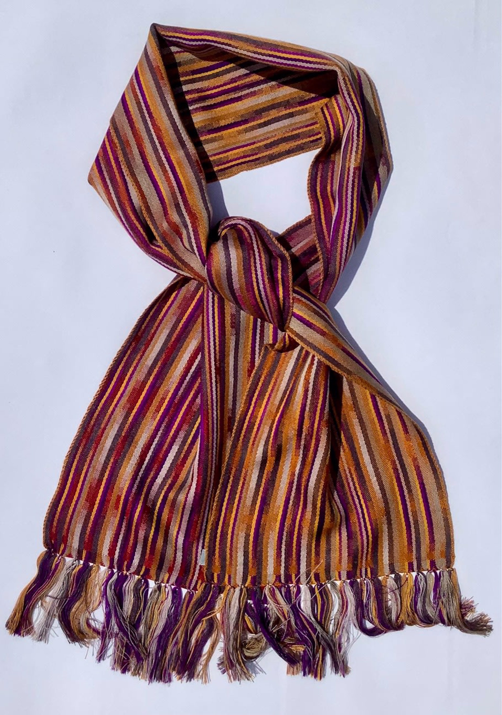 Hand woven silk scarf, purple, dark brown pale mauve grey warp, weft 4 ...