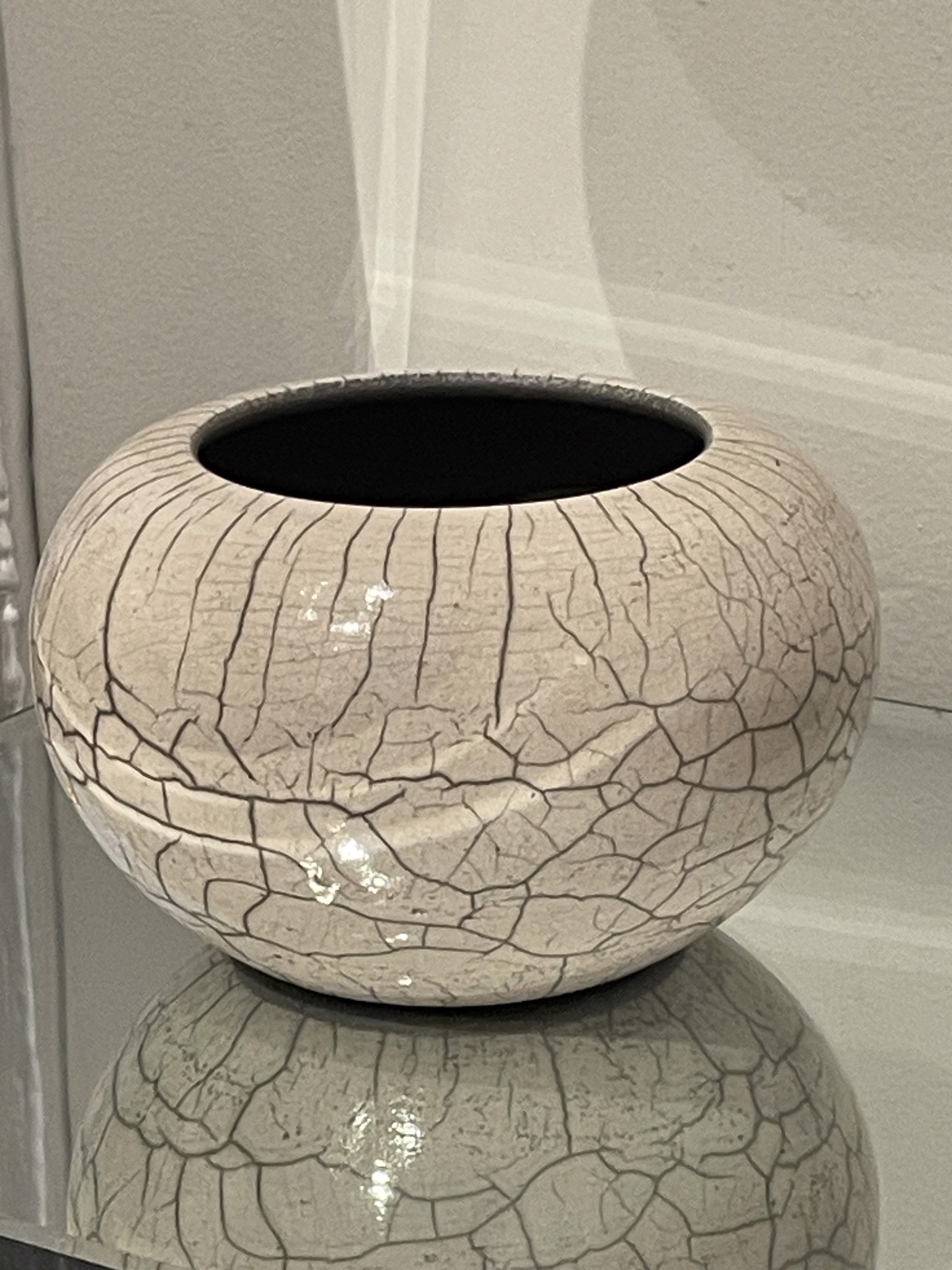 White Crackle Raku Sphere by Silas Bradley | Dare/Sandpiper Gallery