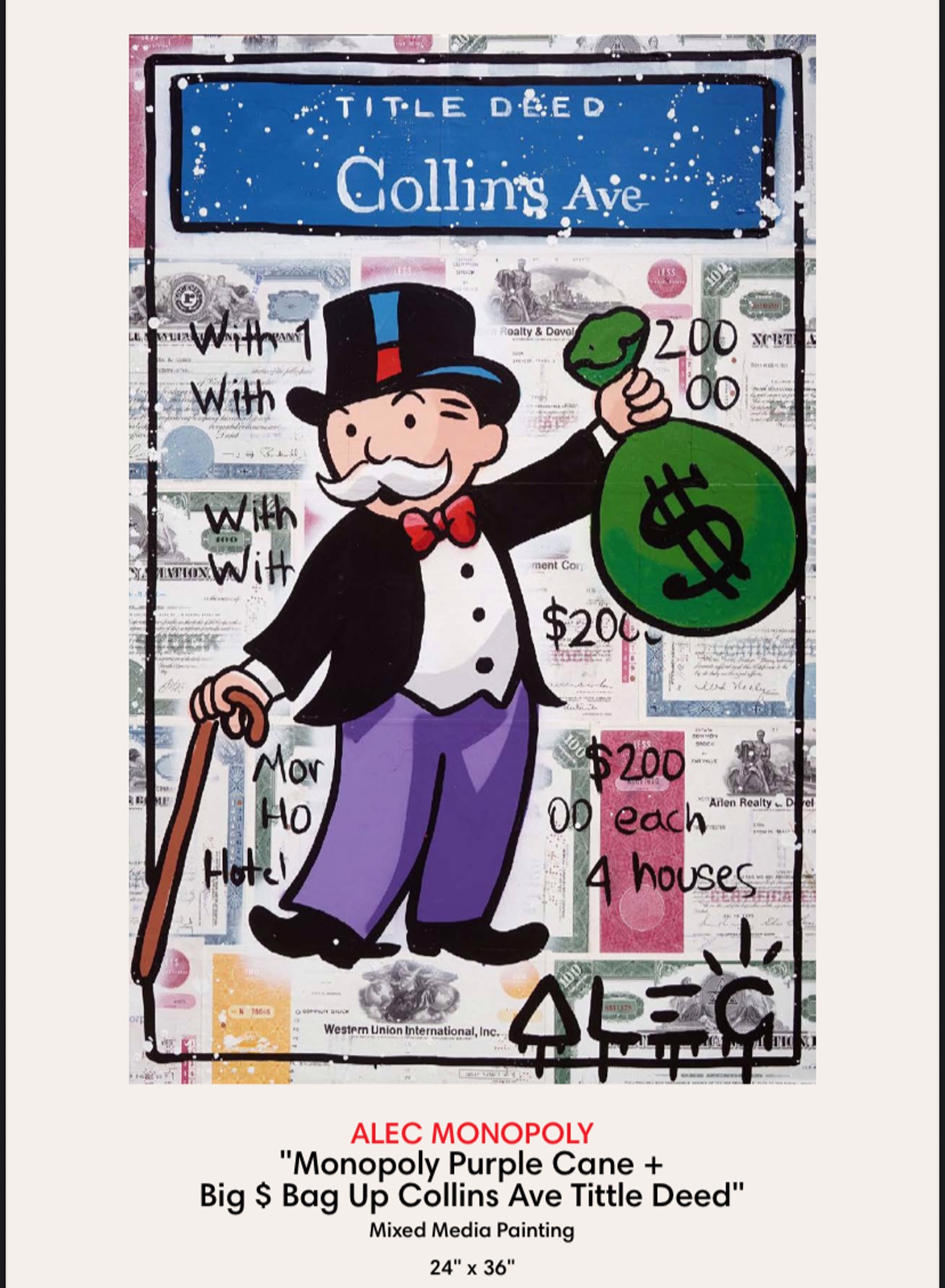Monopoly Purple Cane + Big $ Bag Up Collins Ave Title Deed by Alec ...